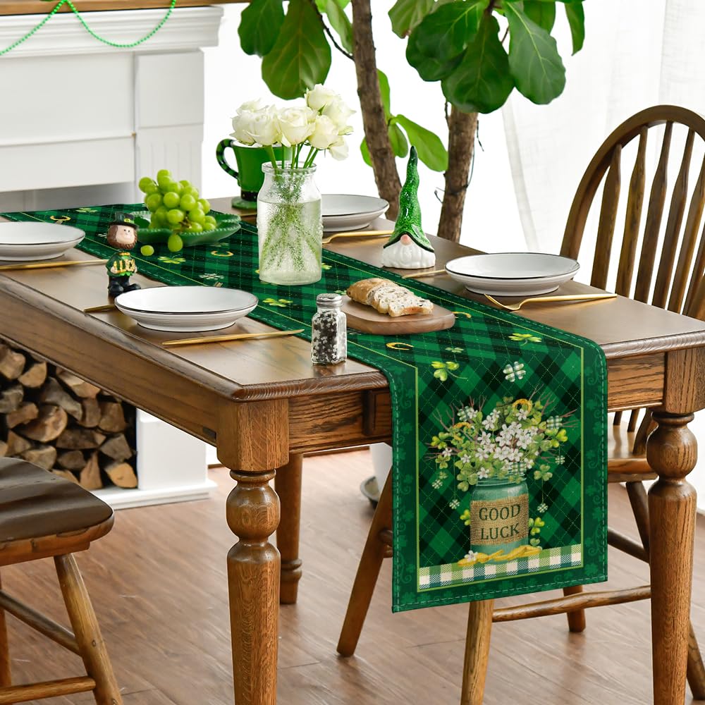 Artoid Mode Green Vase Shamrock Good Luck St. Patrick's Day Table Runner, Spring Holiday Kitchen Dining Table Decoration for Home Party Decor 13 x 72 Inch