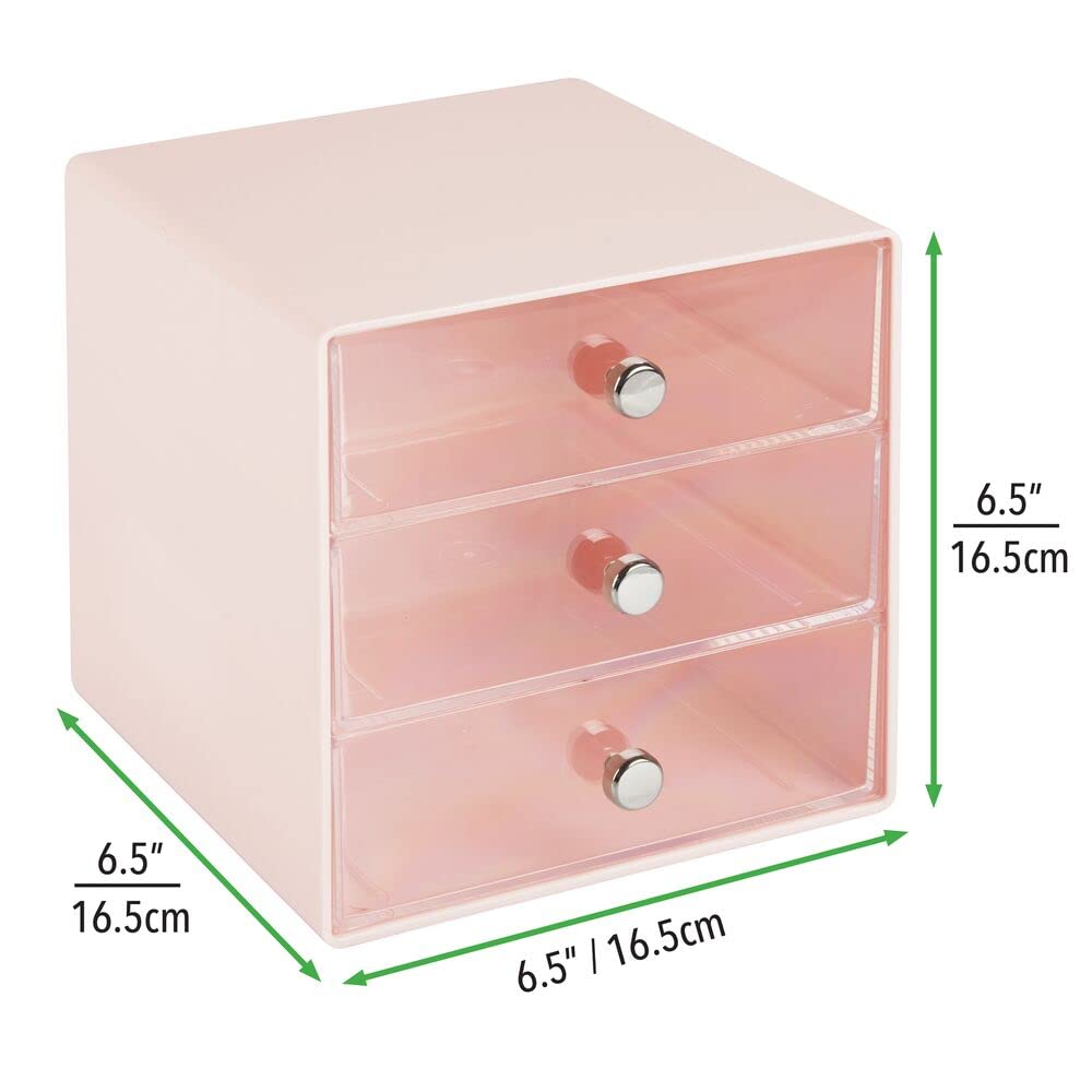 mDesign Plastic 3-Drawer Stackable Nursery Storage Organizer for Baby/Kids Bedroom, Changing Table, Playroom, Modern Organization for Diaper Creams and Small Toys, Lumiere Collection, Light Pink/Clear