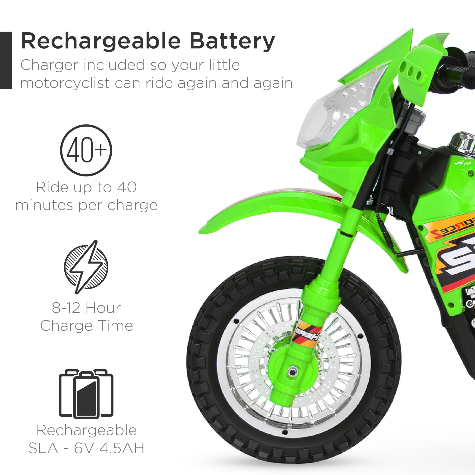 Best Choice Products Kids 6V Ride On Motorcycle w/Treaded Tires, Working Headlights, 2mph Top Speed, Training Wheels, Realistic Sounds, Music, Battery Charger - Green