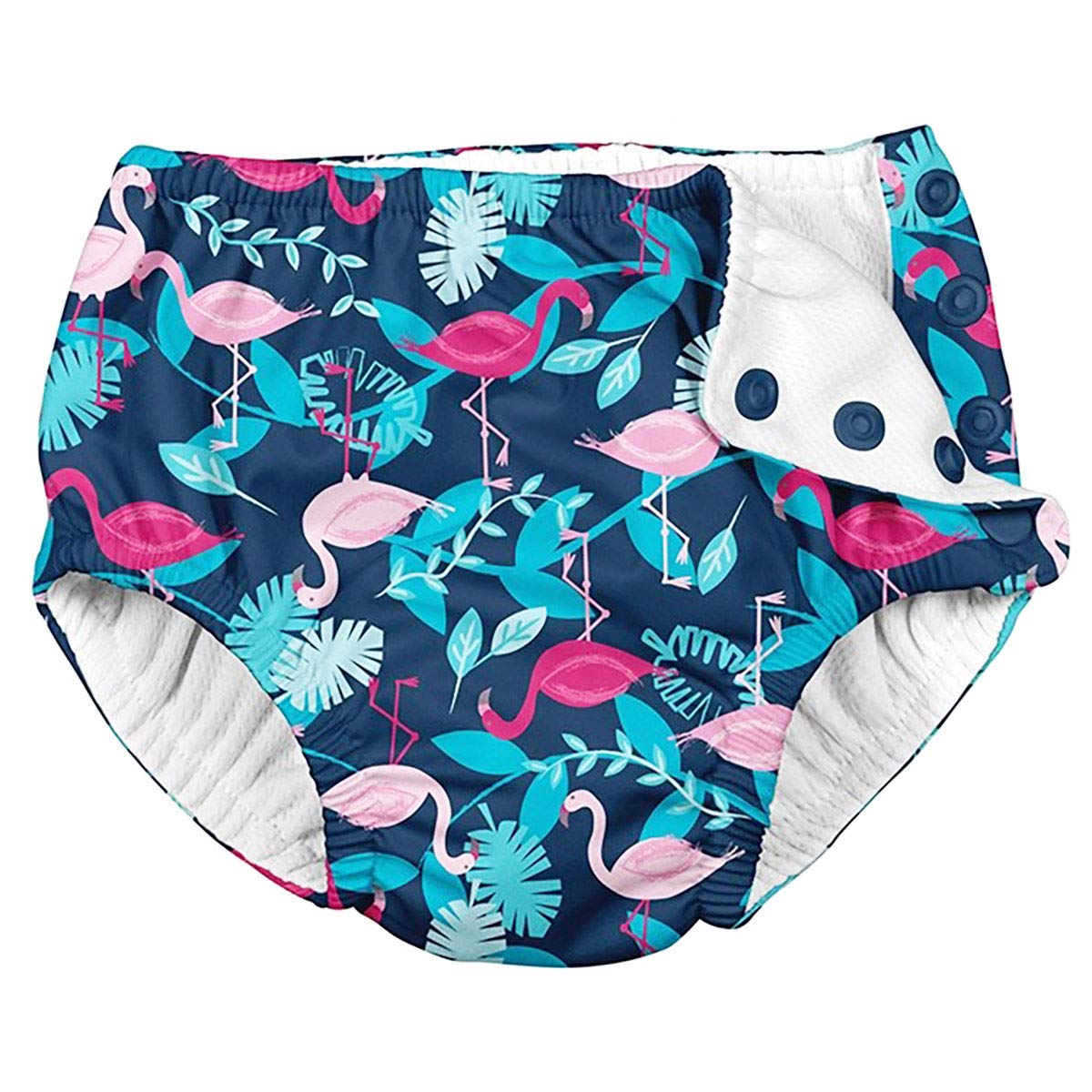i Play by Green Sprouts Girls Reusable Absorbent Toddler Swim Diapers - Swimming Suit Bottom | No Other Diaper Necessary Navy and Pink Flamingos 4T