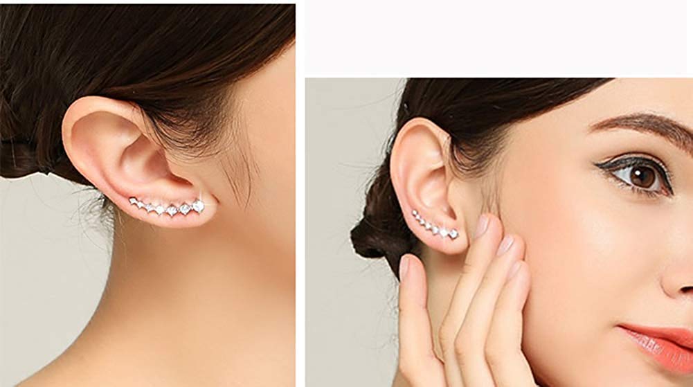 7 Crystals Ear Cuffs Hoop Climber S925 Sterling Silver Earrings Hypoallergenic Earring