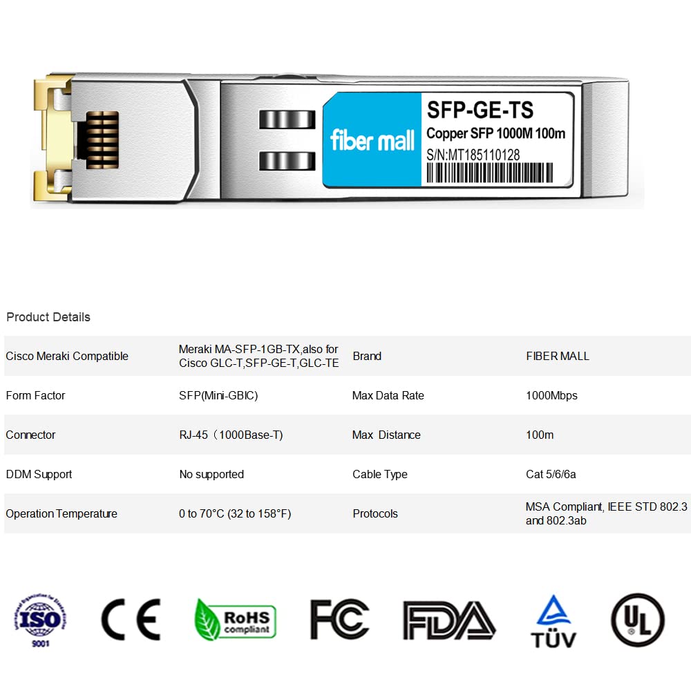 SFP to RJ45 for Cisco Meraki MA-SFP-1GB-TX 1000Base-T Copper RJ-45 100m Mini GBIC Transceiver Module