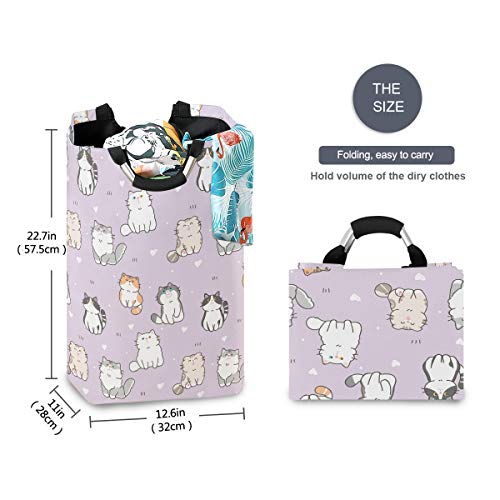 Qilmy Purple Cat Laundry Basket Collapsible Large Clothes Hamper Nursery Storage Bin with Handle for Bedroom, Bathroom, Dorm, Kids Room