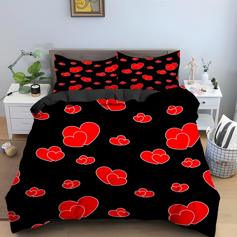Duvet Cover California King Size Black Red Heart with Zipper Closure Comforter Sets Microfiber Duvet Cover Set (104 X 98 Inches)+ 2 Pillowcases(20"X36")