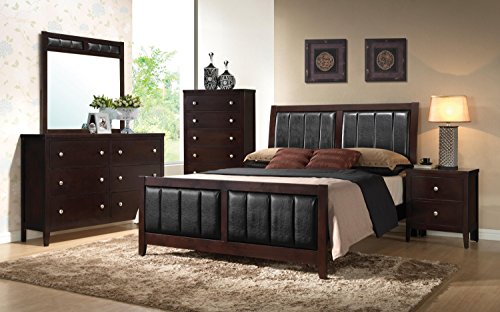 Coaster Carlton Queen Size Panel Bed with Black Padded Leatherette Tapered Legs Solid Wood and Veneers Construction, In Cappuccino