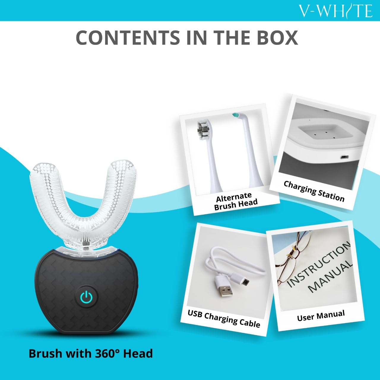 V-WHITE Ultrasonic U-Shaped Toothbrush for Teeth Whitening, Electric Toothbrush For Adults - 360° Mouth Cleansing, Hands Free Gums Protection - Wireless Charging & LED Light -Waterproof IPX7 Certified