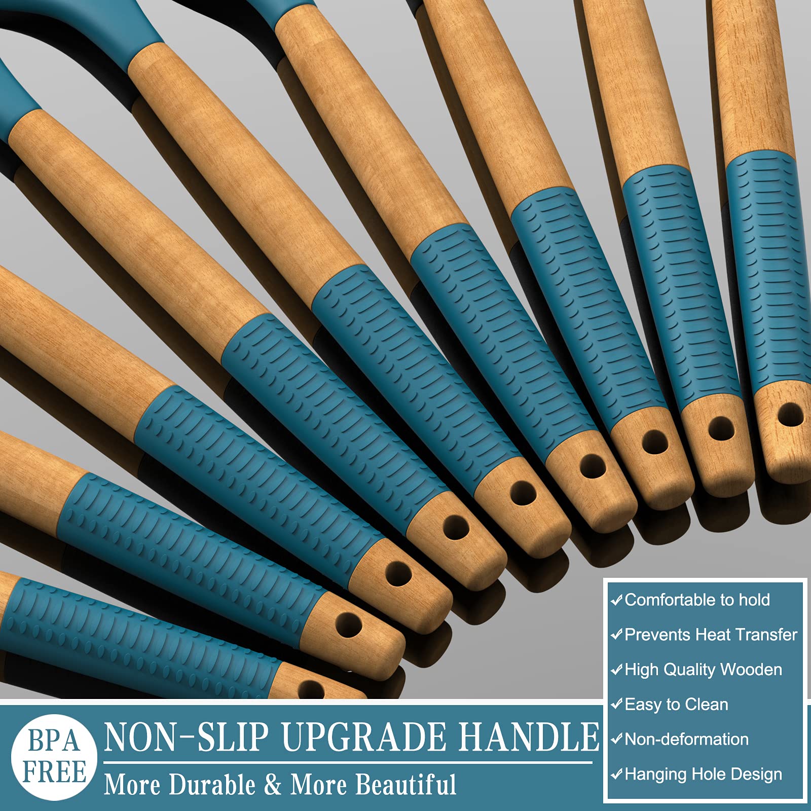 33 PCS Silicone Kitchen Utensils Set, Umite Chef Heat Resistant Cooking Utensils Set With Holder, Wooden Handle Kitchen Gadgets Tools Spatula Set for Nonstick Cookware(BPA Free & Khaki)