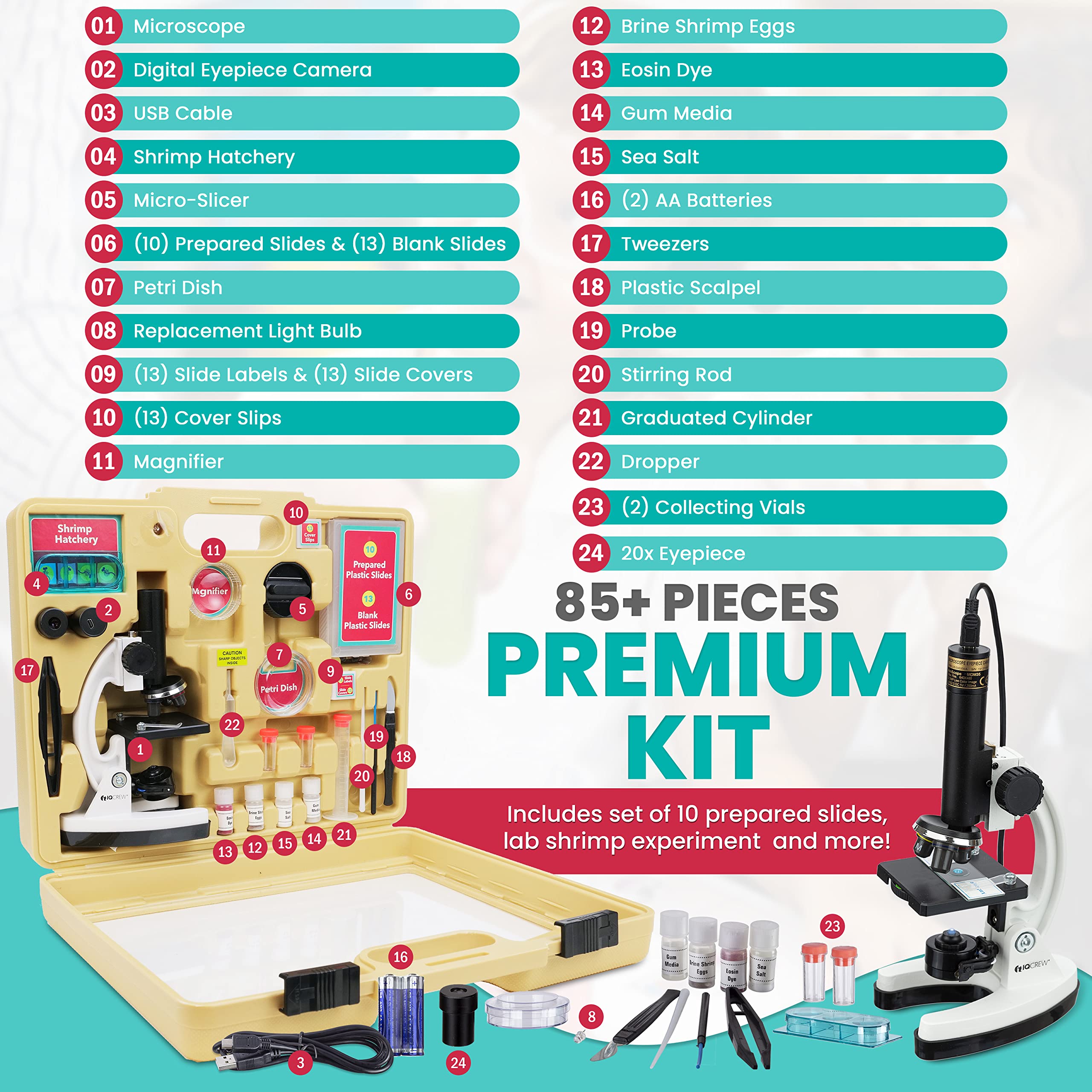 AmScope - M40-K-MDM35 IQCREW by 120X – 1200X Kid’s 85+ Piece Premium Microscope STEM Kit with Color Camera, Interactive Kid’s Friendly Software, Prepared and Blank Slides and More