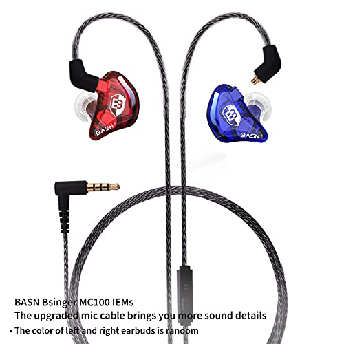 BASN in-Ear Monitor Headphones Dual Dynamic Drivers in Ear Earphones Detachable MMCX Cable Musicians in Ear Earbuds (MC100 Red/Blue, with Mic)