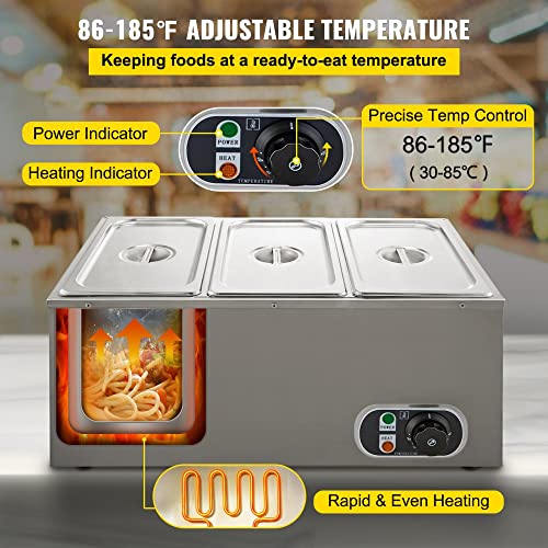 Commercial Food Warmer 110V, 3-Pan Electric Steam Table, Stainless Steel Buffet Bain Marie 16 Quart for Catering and Restaurants