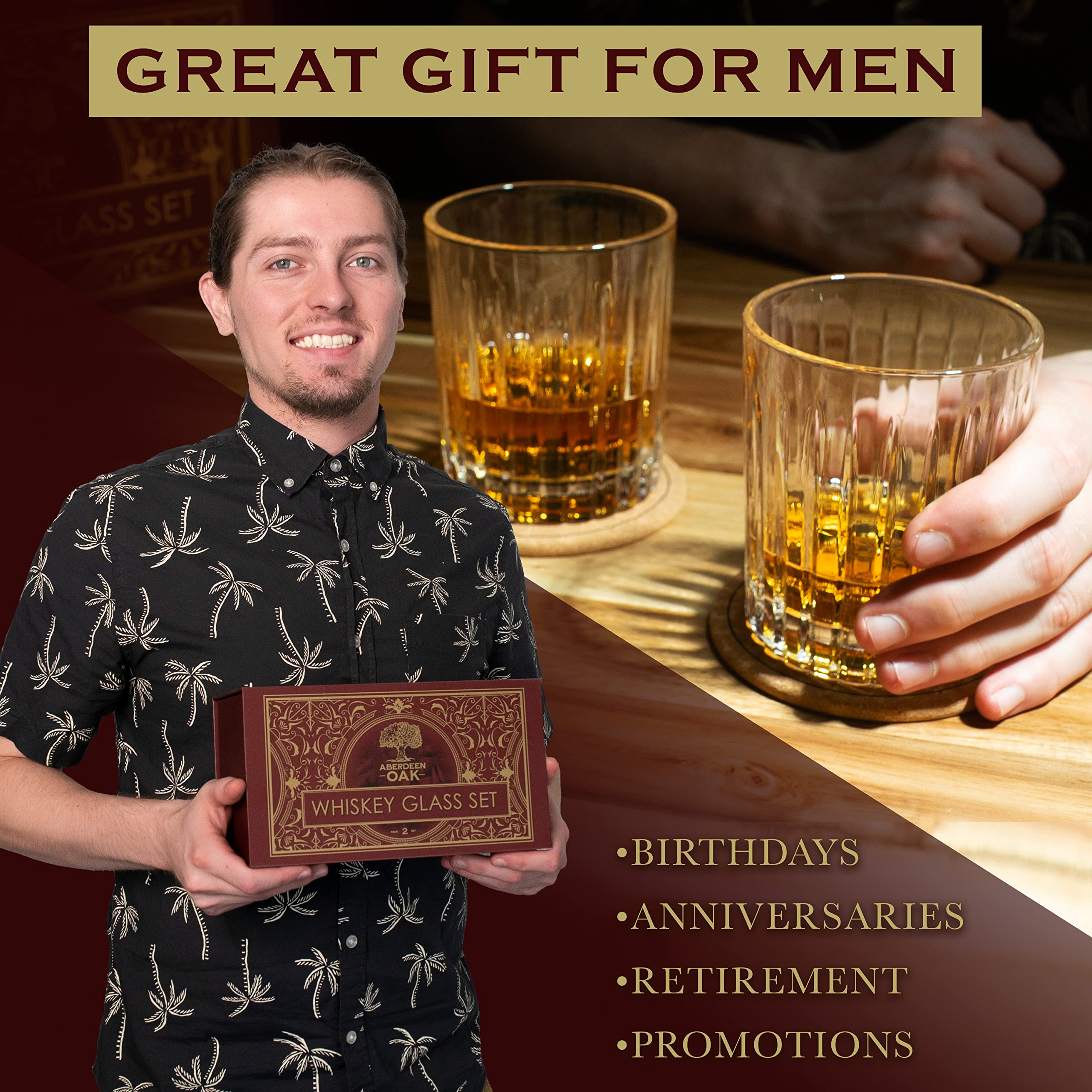 Aberdeen Oak Crystal Whiskey Glasses Set - Timeless Old Fashioned Liquor Glass with Coasters - Perfect for Bourbon & Cocktails, Ideal Gift for Men & Whisky Enthusiasts - 2 Piece Set
