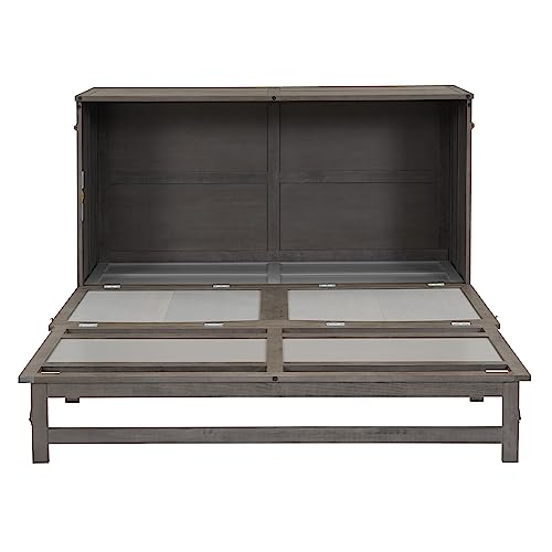BIADNBZ Queen Size Murphy Bed with Built-in Charging Station,Versatile Bedframe with Drawer for Bedroom,Living Room,Antique Grey