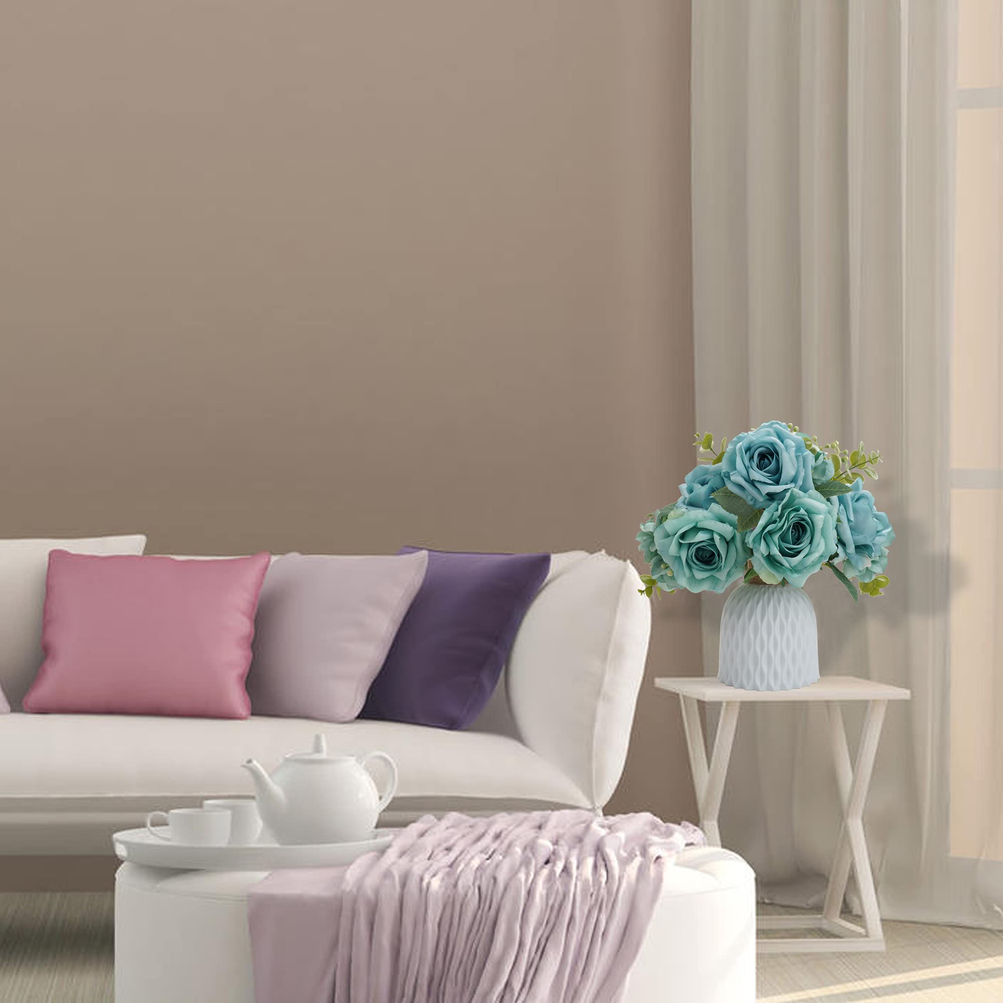 Artificial Flowers Set and vase, Combination Arrangements for Home Garden Party Wedding ,Fake Rose Flowers Bedroom Living Room Kitchen Office Decoration ( Blue Flowers White vase