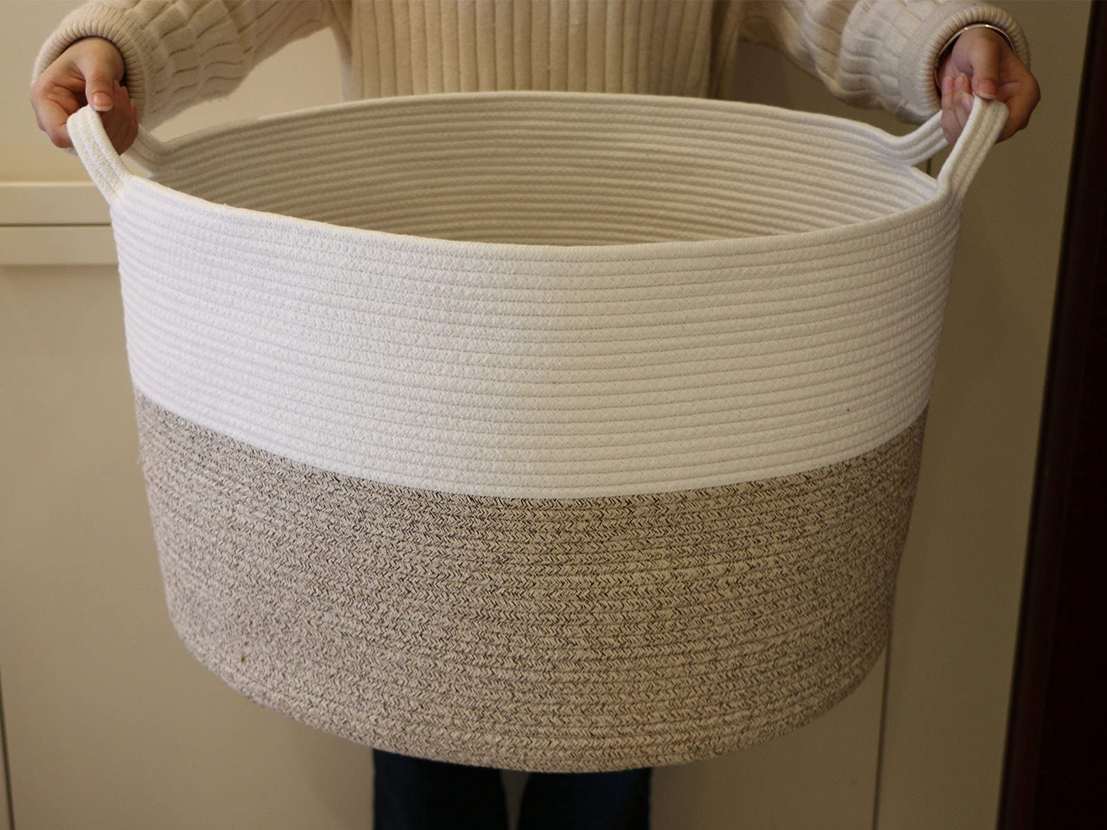 Basket Idea Extra Large Laundry Gift Basket( 21.7''x21.7''x13.8'' Inches Light Brown and White) Woven Cotton Storage Basket for Blankets Toys Clothes and Other Sundries to Make Your Home Look Neater