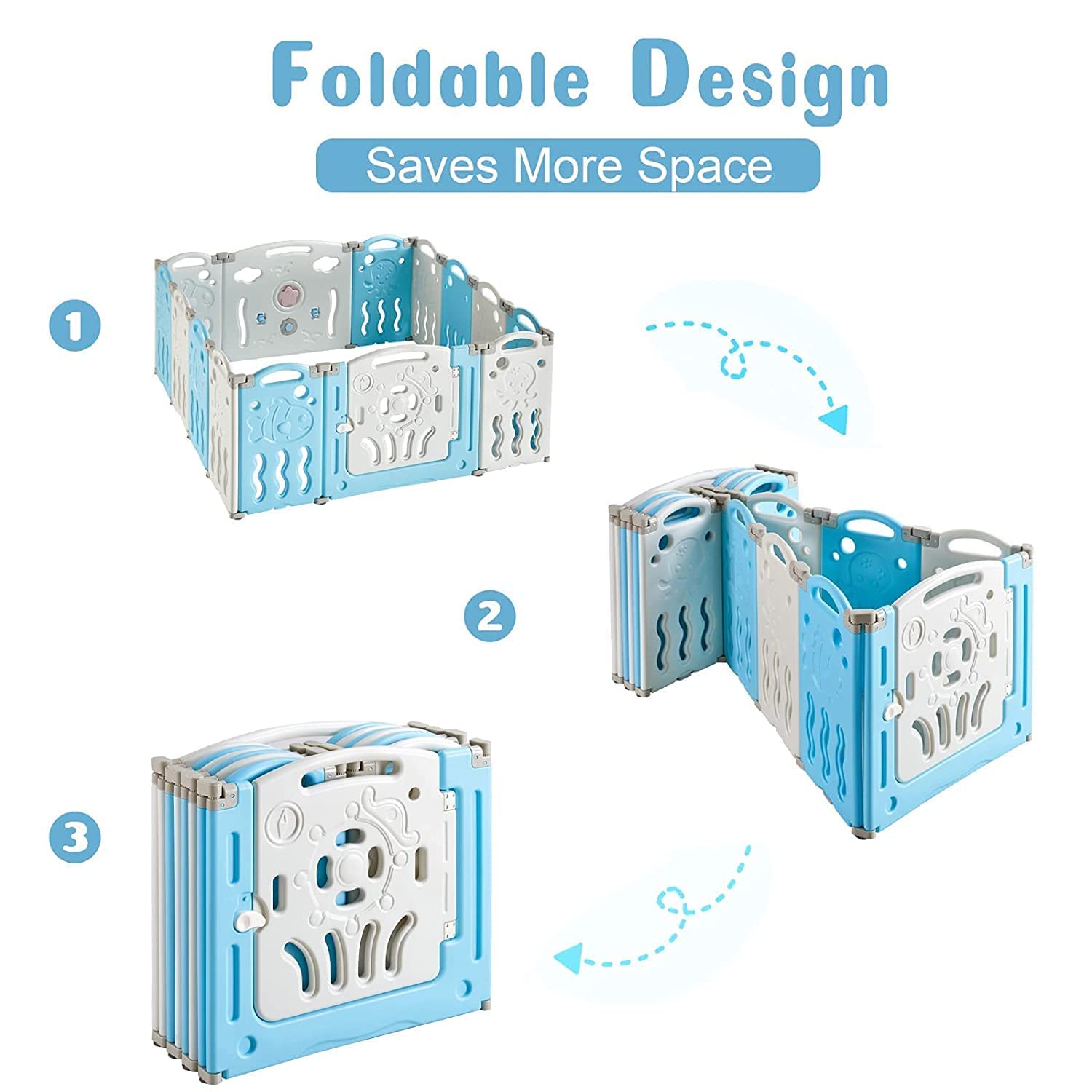 Albott Foldable Baby Playpen Foldable Thicken Kids Safety Play Fence 2-Panel Toddler Play Yard Extension (Sky Blue+White)