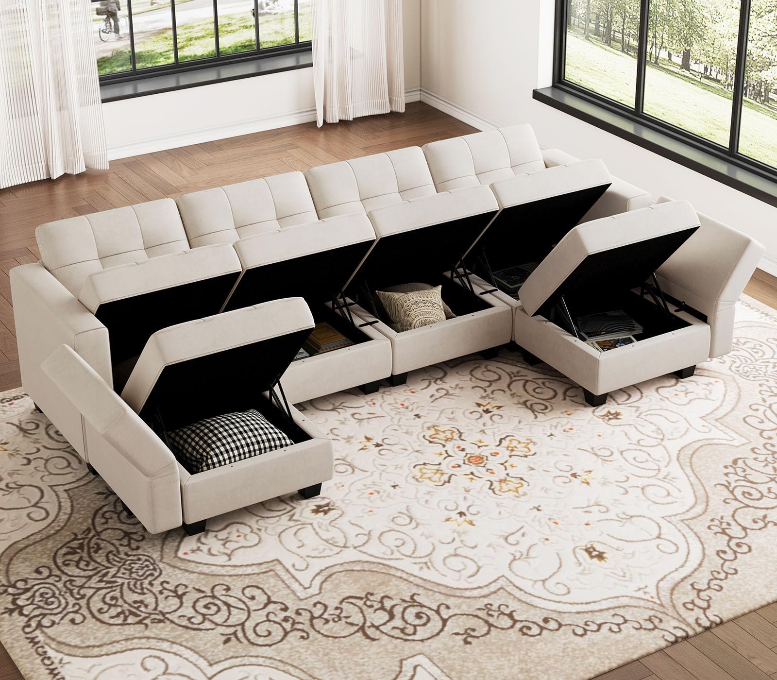 Belffin Modular U Shaped Sectional Sofa Couch, Oversized Sectional Sleeper Sofa with Stoarge Seat, Velvet Modular Sofa Set with Chaise and Ottoman for Living Room, Beige