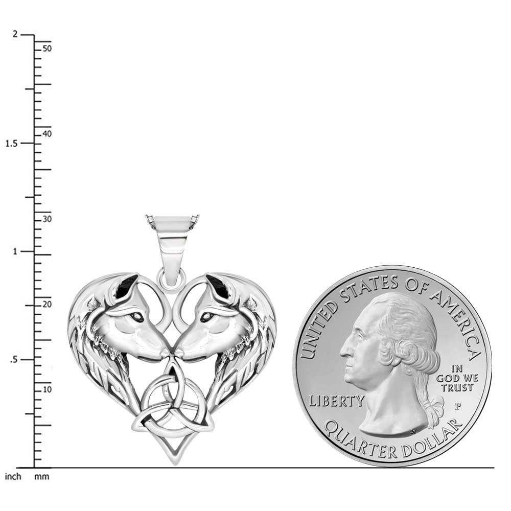 925 Sterling Silver Celtic Love Couple Wolf Heart Pendant Necklace 18"