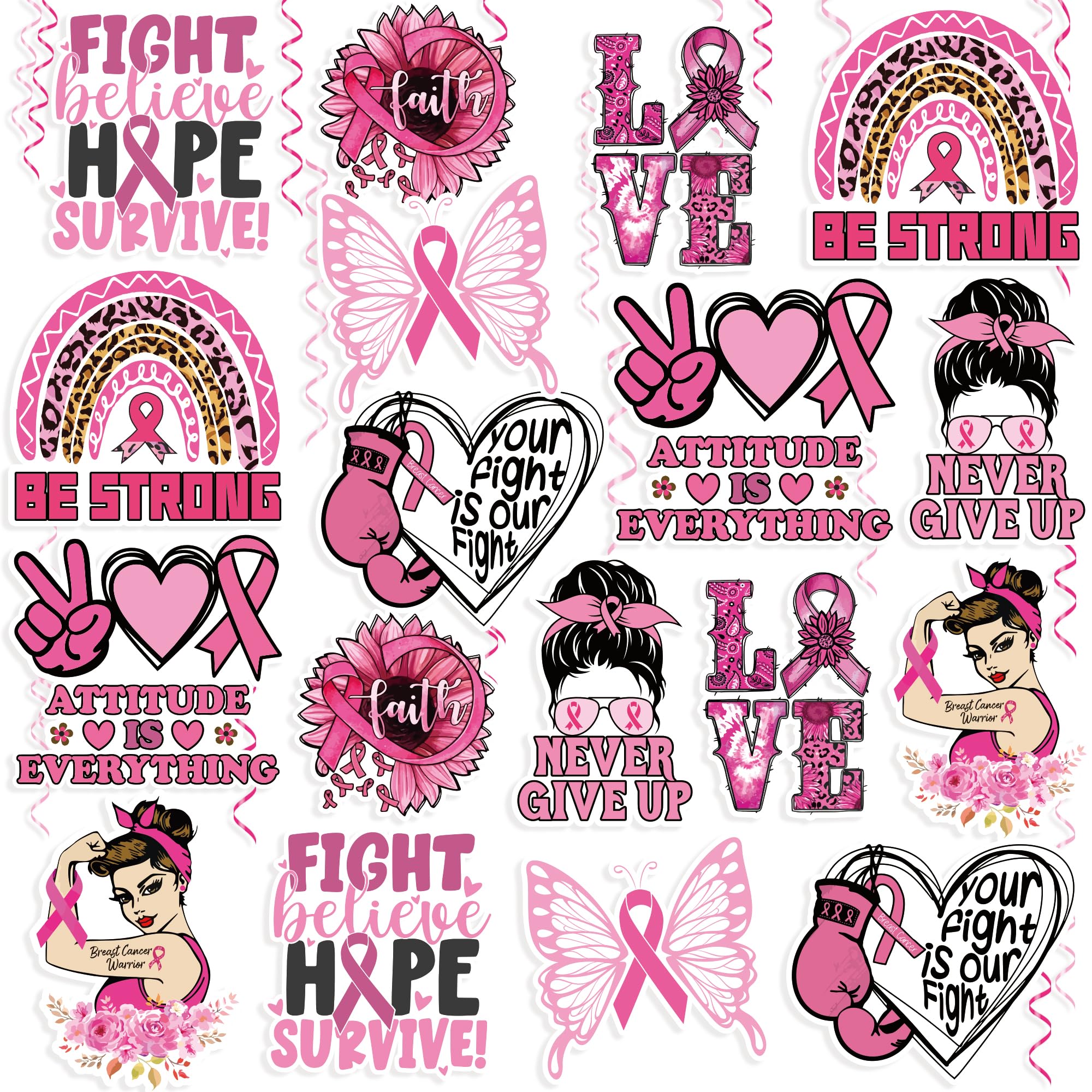32pcs Breast Cancer Awareness Party Decorations Hanging Swirls, Pink Ribbon Ceiling Streamers Decor Faith Strength Courage for Breast Cancer Awareness Month Party Supplies
