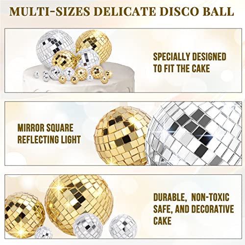 Ayfjovs 18 PCS Disco Ball Cake Decoration Disco Ball Cake Toppers Disco Table Decoration Cake Centerpiece with Confetti Decor 70s Disco Themed Cake for Birthday Theme 70s Party Supplies(Silver&Gold)