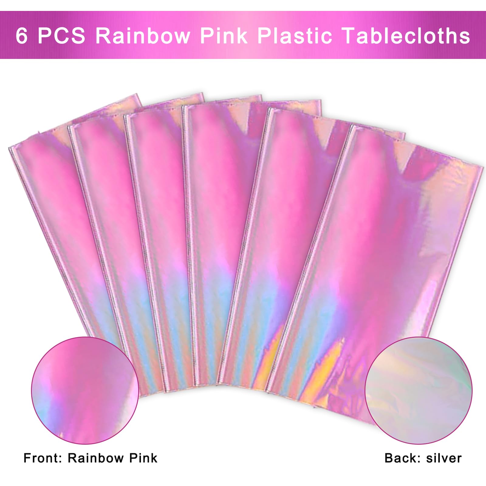 Whaline 6Pcs 108 x 54 Inch Iridescent Pink Plastic Tablecloths Shiny Rainbow Rectangle Disposable Table Covers Holographic Foil Table Cloth for Birthday Wedding Bridal Shower