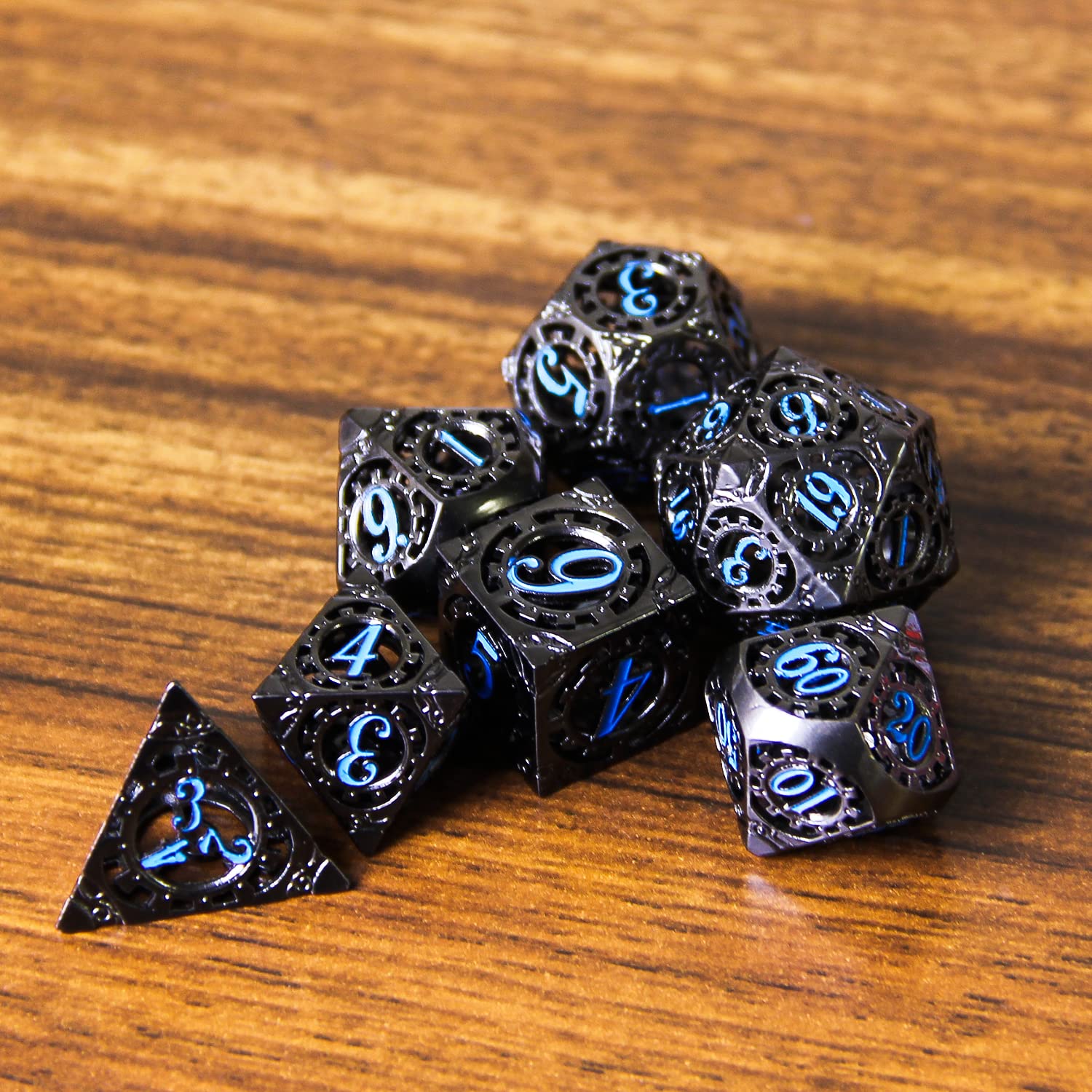 BEWTEIM New Version Steampunk Gear DND Dice Set 7pcs Polyhedral Dice d&d Dungeons and Dragons Dice Gifts RPG,MTG,Pathfinder Role Playing Games (Black Blue, Hollow)