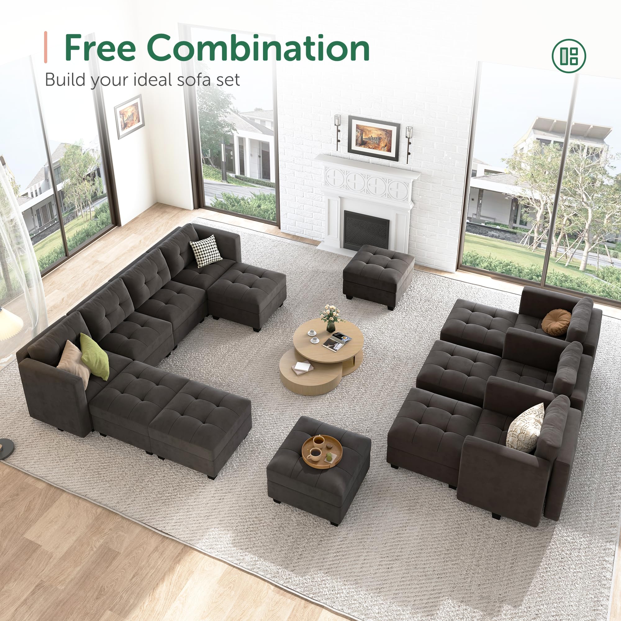 HONBAY Armrest Backrest Module for Velvet Modular Sectional Sofa, Grey