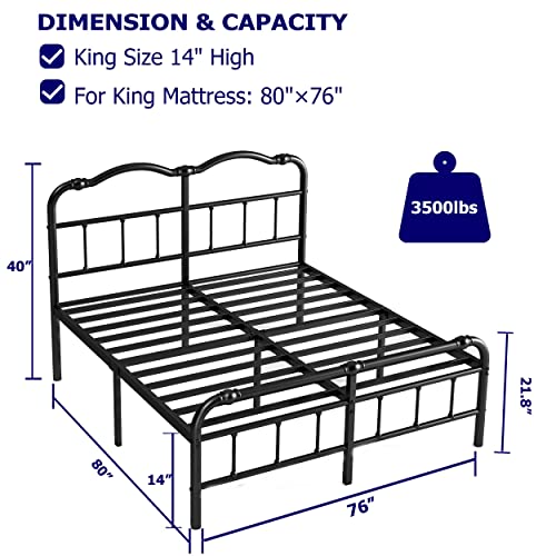 FDLOGW King Size Bed Frame with Headboard and Footboard, 14 Inch High, No Box Spring Needed Heavy Duty Metal Platform Bedframe, Noise Free