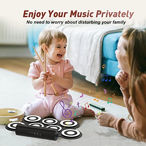 7 Pads Electronic Drum Set, Electric Drum Pad Roll-Up Drum Practice Pad Drum Kit Built-in Speaker with Drum Pedals Drum Sticks 10 Hours Playtime, Great Holiday Birthday Gift for Kids-White