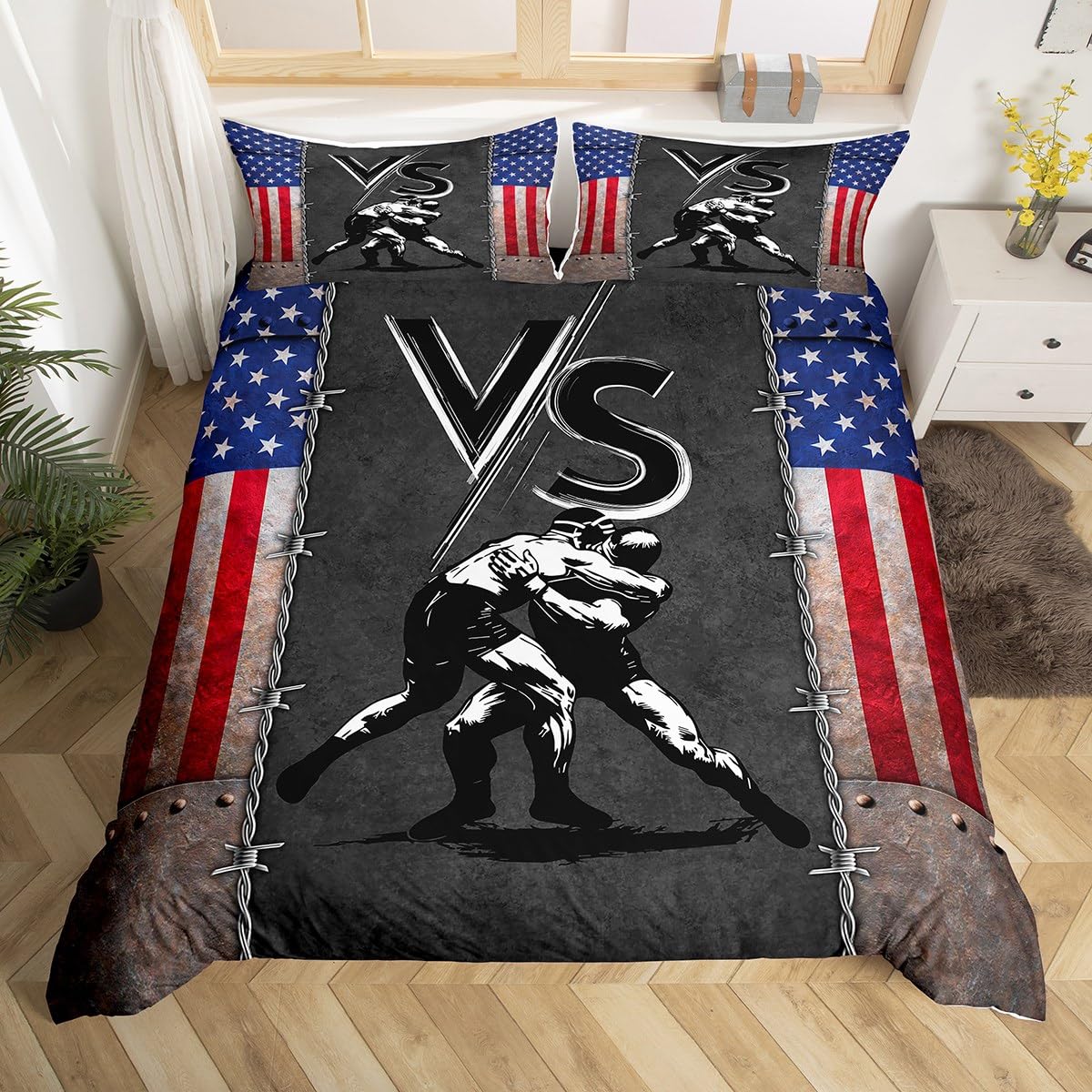 Wrestler Silhouette Duvet Cover Set Full Size,Wrestling Sports Bedding Set 3Pcs for Kids Boys Men Adult Bedroom Decor,American Flag Comforter Cover Vintage Grey Patchwork Quilt Cover,2 Pillowcases