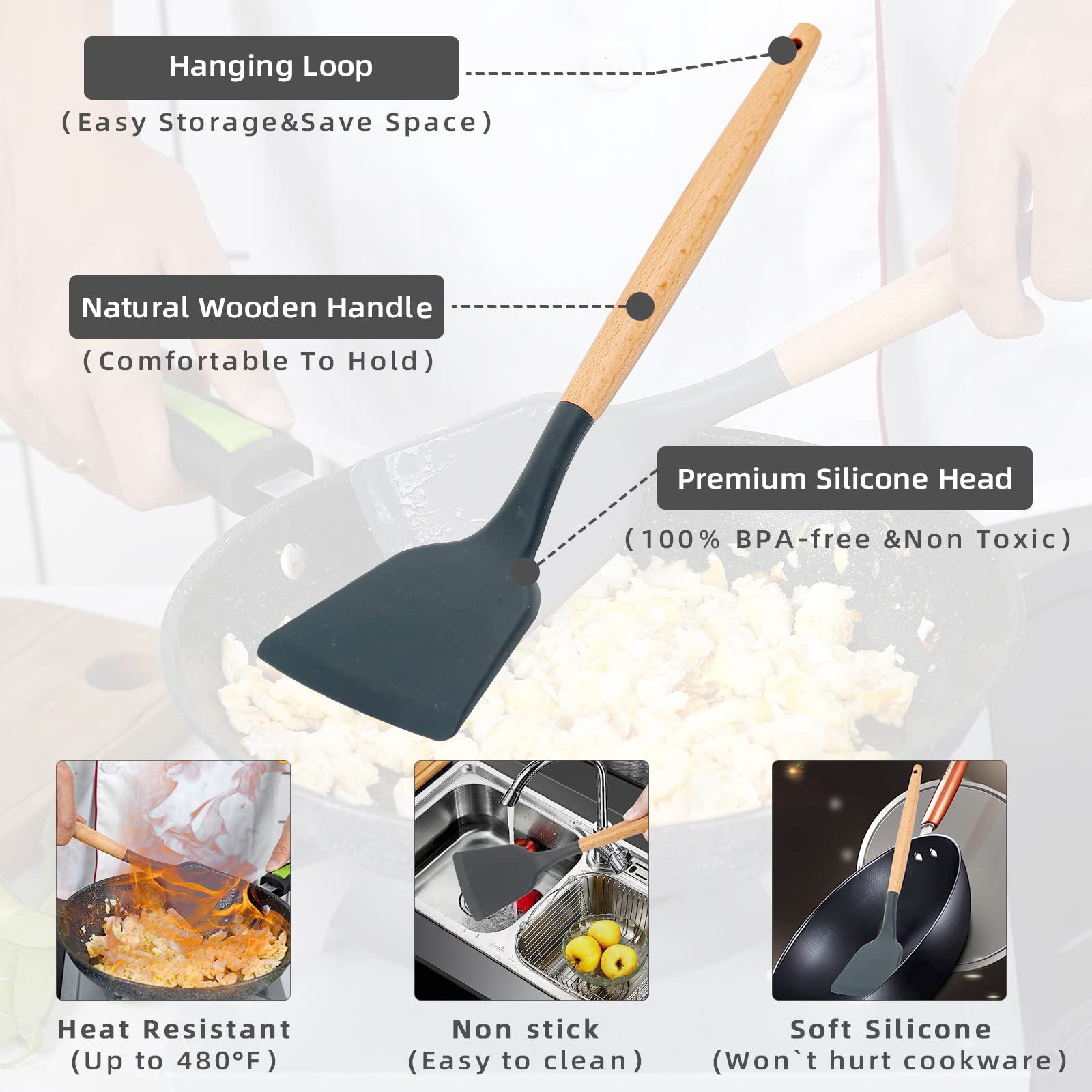 33 Pcs Cooking Utensils Set, Heat Resistance Silicone Kitchen Utensils Set with Holder, Non-stick Silicone Spatula Spoon Kitchen Gadgets Utensils Set with Natural Wooden Handle(Grey)