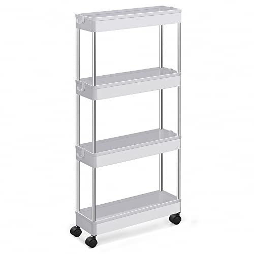 SONGMICS 4-Tier Slide Out Storage Cart, Slim Rolling Cart on Wheels, Slim Storage Cart, Space-Saving Bathroom Storage, Kitchen, Narrow Shelf, 15.7 x 5.3 x 33.9 Inches, White UKSC08WT