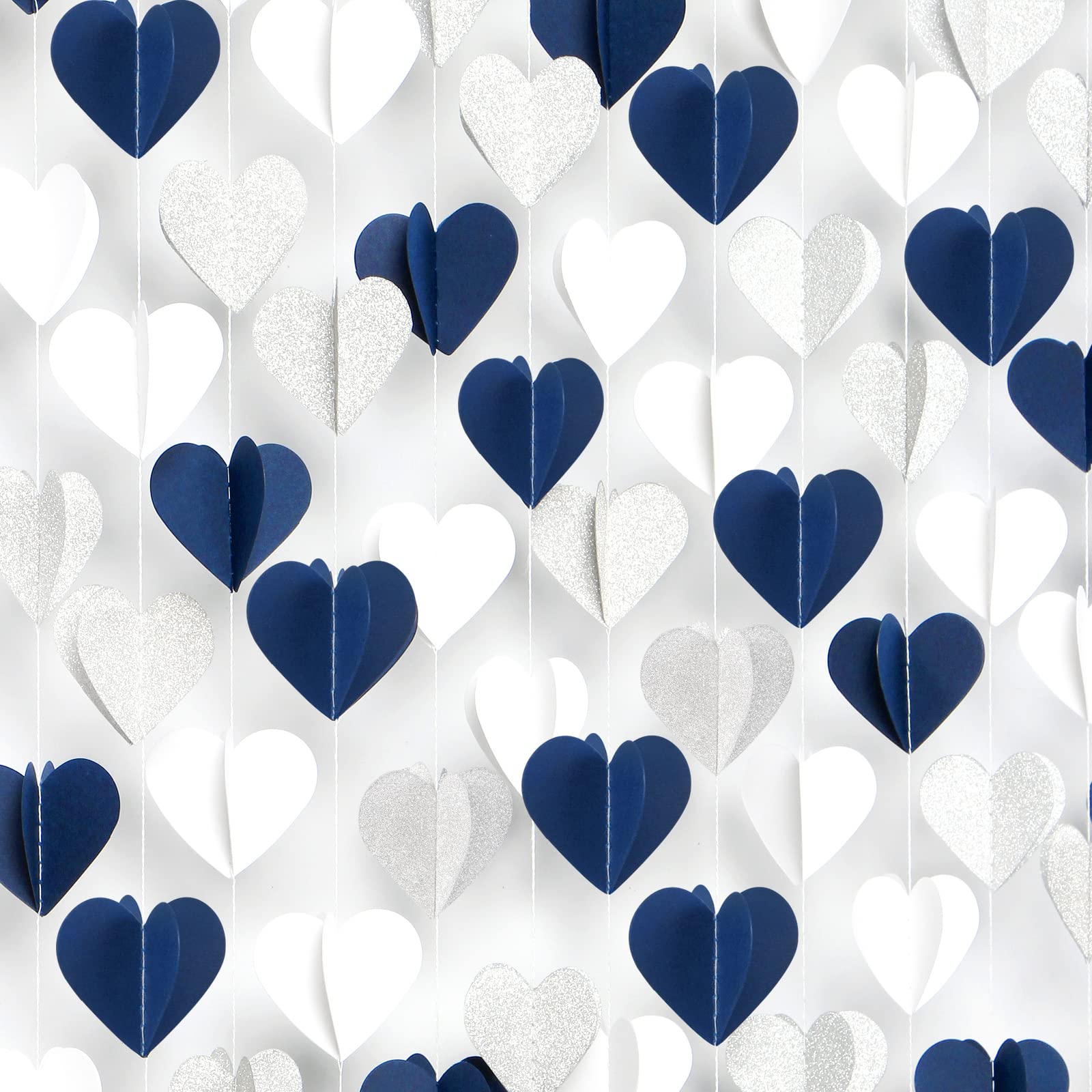 Navy-Blue White Silver 3D-Heart Garland - 39Ft Graduation Hanging Decoration Streamers Banner,Bridal Birthday Engagement Bachelorette Baby Shower Christmas Baby Shower Valentines Party Decor Ouruola