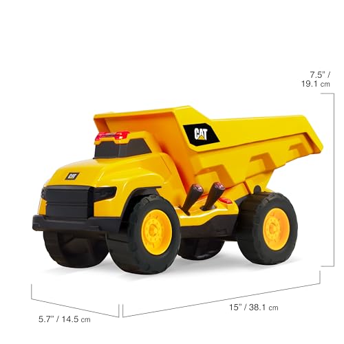 CAT Construction Toys, Motorized Dump Truck Toy, 6 Unique Sounds, 2 Motorized Functions, Lights & Sounds, Includes 3 AA Batteries.