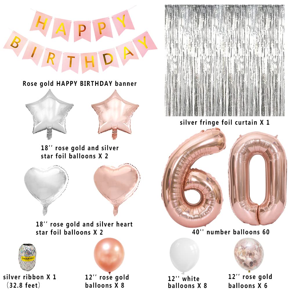 60th Birthday Decorations for Women Rose Gold Happy 60 Birthday Banner 60th Birthday Party Decorations 60 Balloon Numbers