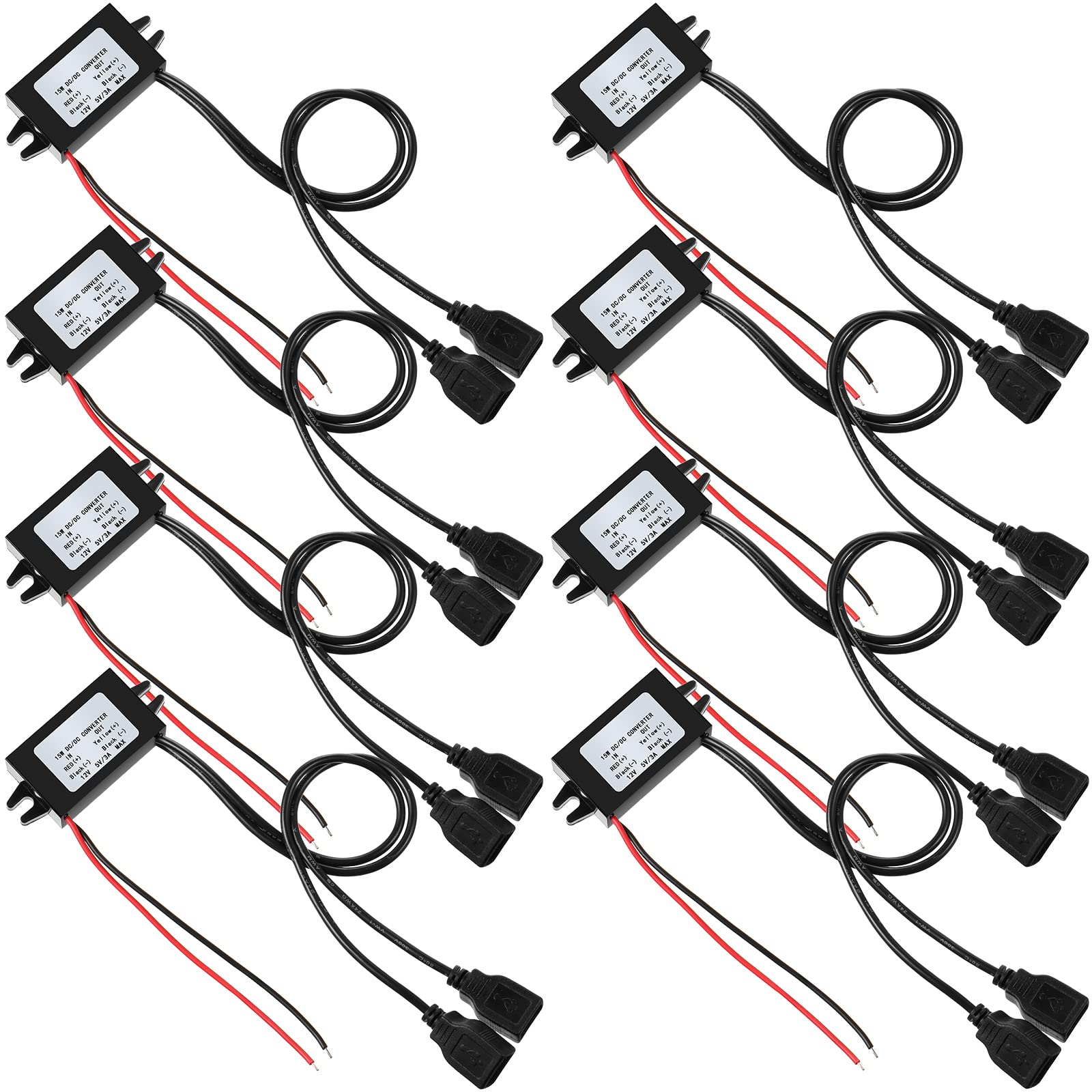 8 Pcs Pieces DC Converter 12V to 5V 3A 15W DC Buck Converter Module, DC to DC Reduced Voltage Regulator Car Power Converter Output Power Adapter, Double USB Interface
