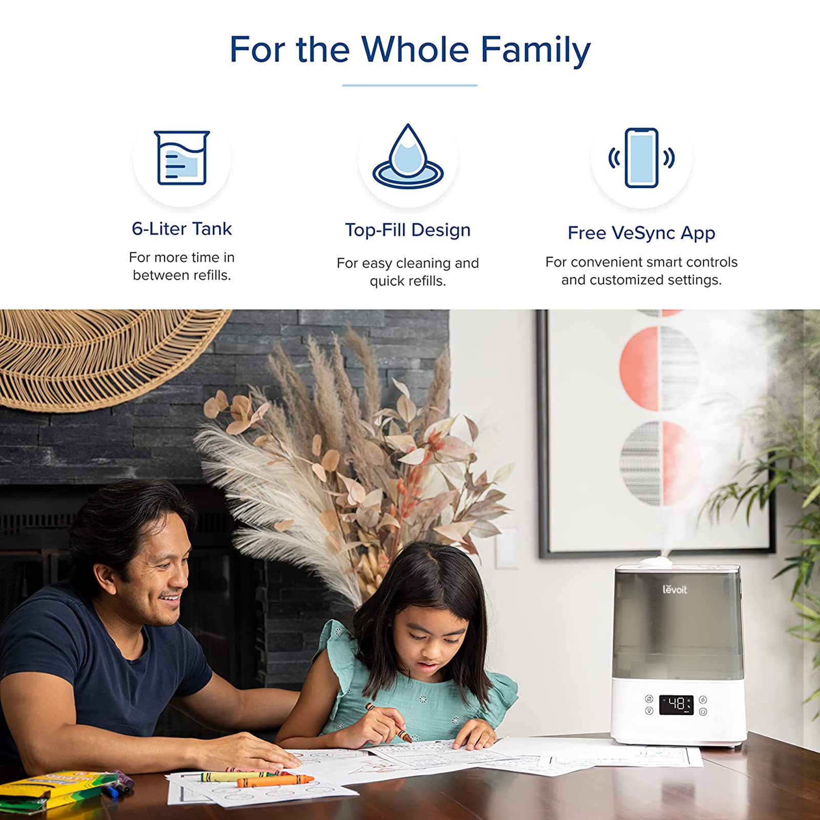 LEVOIT Ultrasonic Cool Mist Humidifiers, Adjustable 360° Rotation Nozzle, Auto Safety Shut Off, Lasts Up to 25 Hours, Filter Free, Optional LED Display Light, Ideal for Bedroom, 3L, White