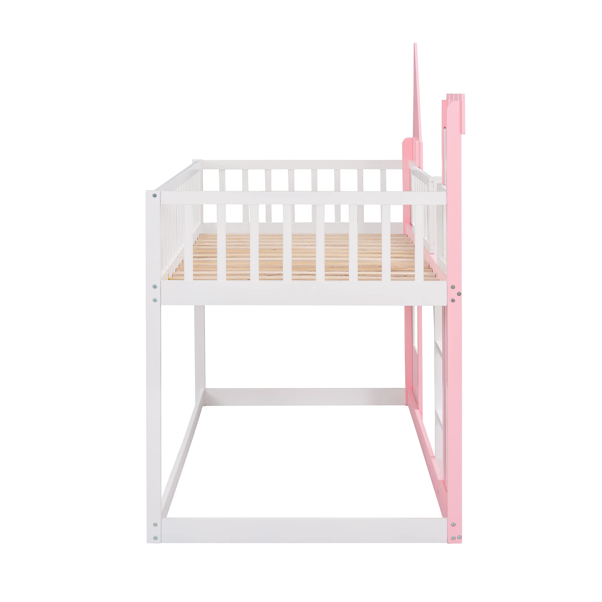 Harper & Bright Designs Twin Over Twin Kids Bunk Bed, Twin Loft Bed with Castle Shape Design, Wooden Floor Bunk Beds for Girls Boys Bedroom Dorm, Pink