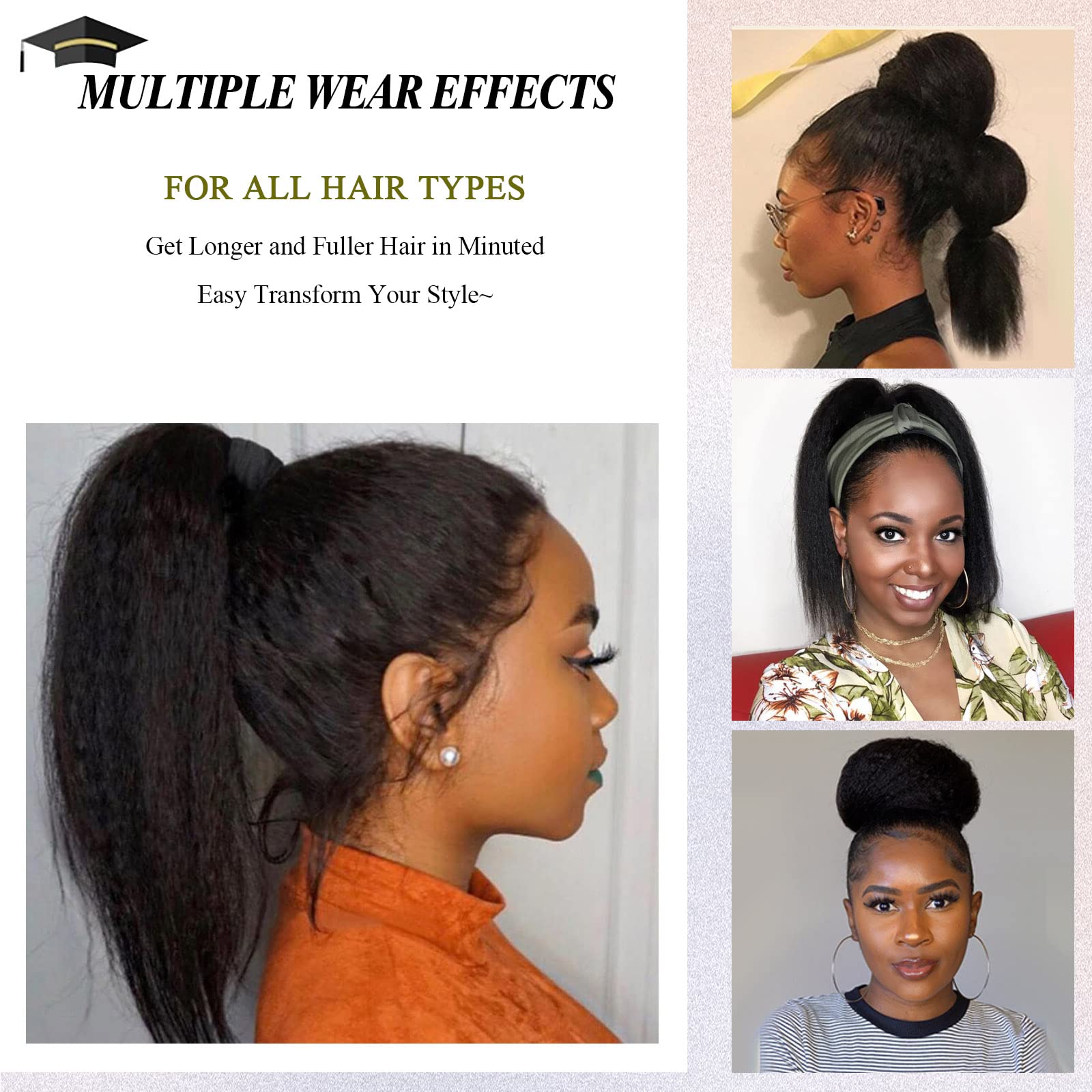 LEOSA Ponytail Extension 14 inch Drawstring Ponytails for Black Women Short Natural Black Yaki Straight Drawstring Ponytail Hair Extensions (14 Inch (Pack of 1), 1B#)