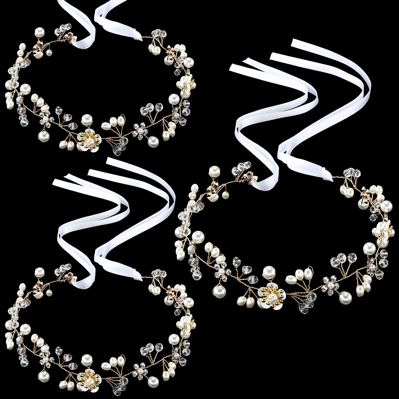 3 Pieces Headpiece Pearl Bridal Headband for Flower Girl Hair Accessory Rhinestone Princess Crown Cute Wedding Hair Accessories for Kids Girls Vine Hair Band, Gold