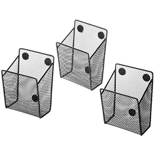 MyGift Black Metal Mesh Magnetic Office Supplies Pen Pencil and Marker Holder, Whiteboard Accesories Storage Basket, School Locker Organizer Accessory Pencil Cup, Set of 3