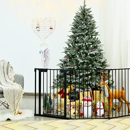 Costzon Baby Safety Gate, 121 Inch Length 5 Panel Adjustable Wide Fireplace Fence, BBQ Metal Fire Screen Gate, Pet Isolation Fence with Walk-Through Door, Freestanding Pets Gate (Black, 5-Panel)