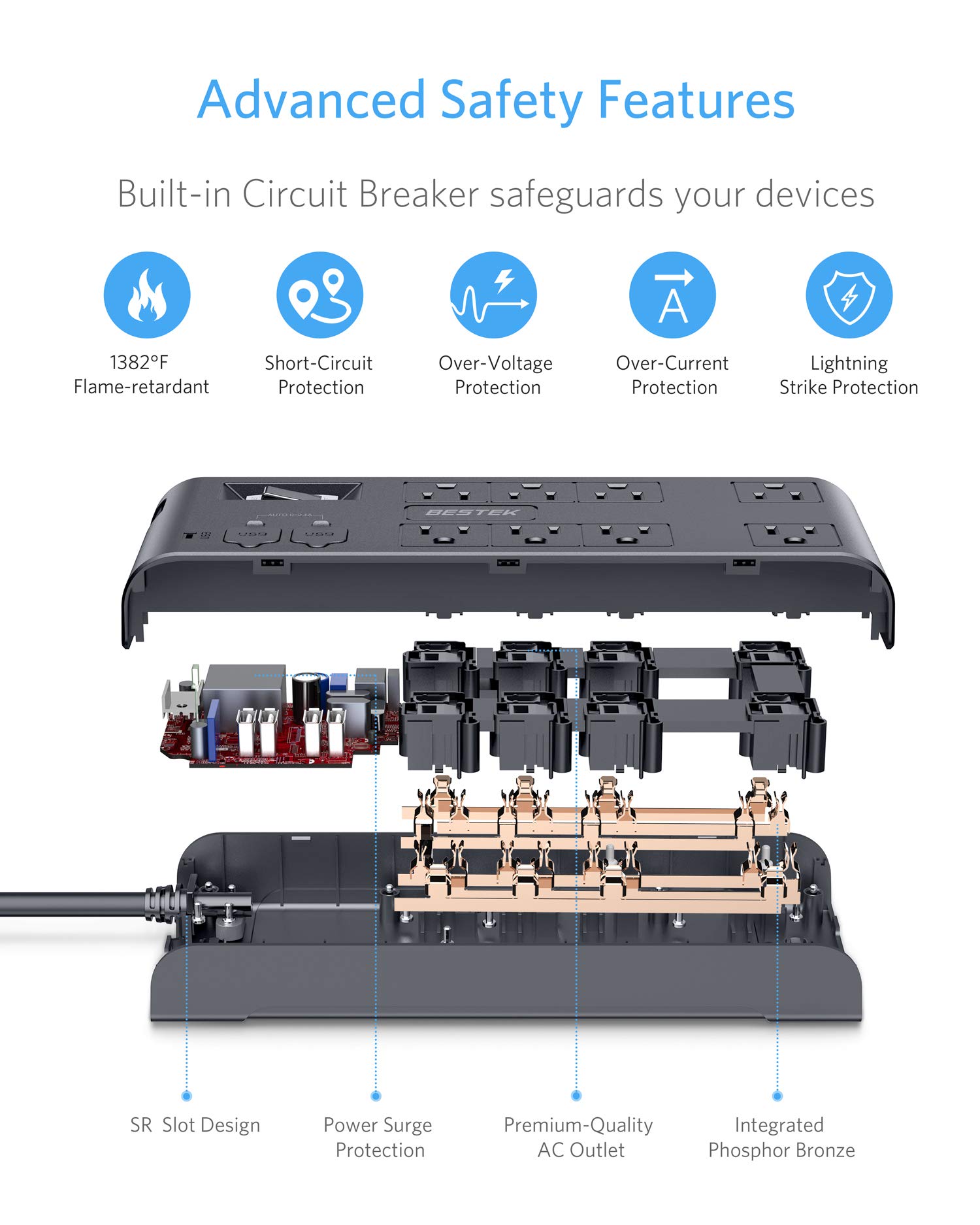 BESTEK 8-Outlet 6 Feet Extension Cord Power Strip with USB 15A 1875W Surge Protector with 5V 4.2A 4 USB Port Desktop Charging Station,600Joule,Grey