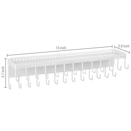 MyGift White Metal Wall-Mounted Jewelry Hanging Shelf with 26 Necklace Hooks, Set of 2