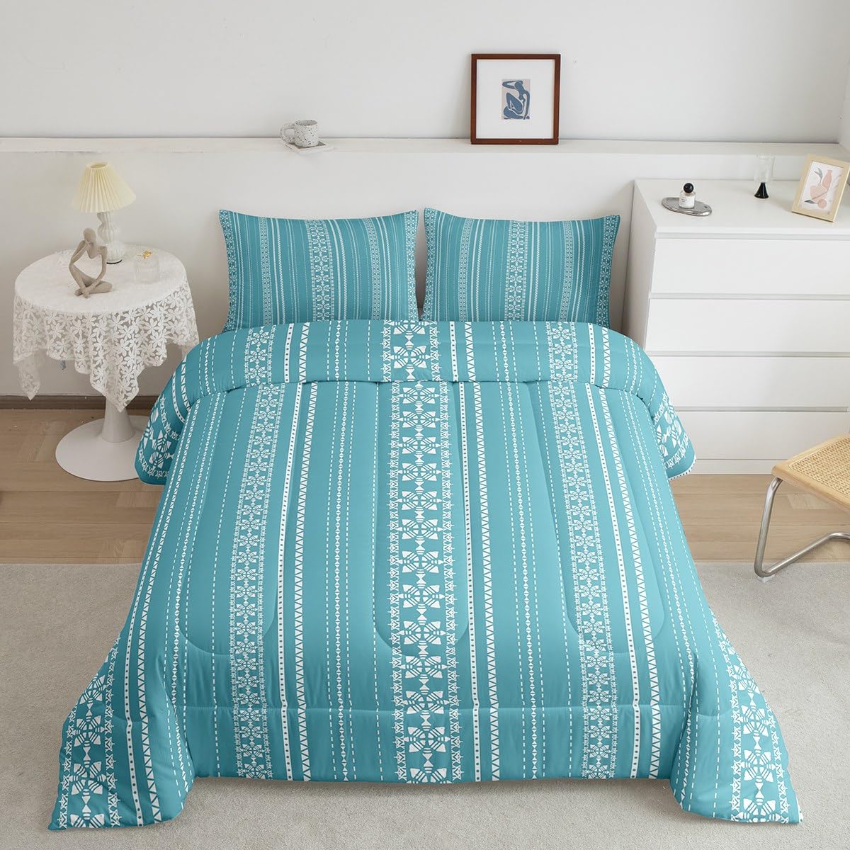 Feelyou Bohemian Comforter Full Size with 2 Pillow Cases Light Blue Boho Comforter Set Aztec Pattern Bedding Set Modern Geometric Quilted Duvet Set for Boys Girls Kids Adults