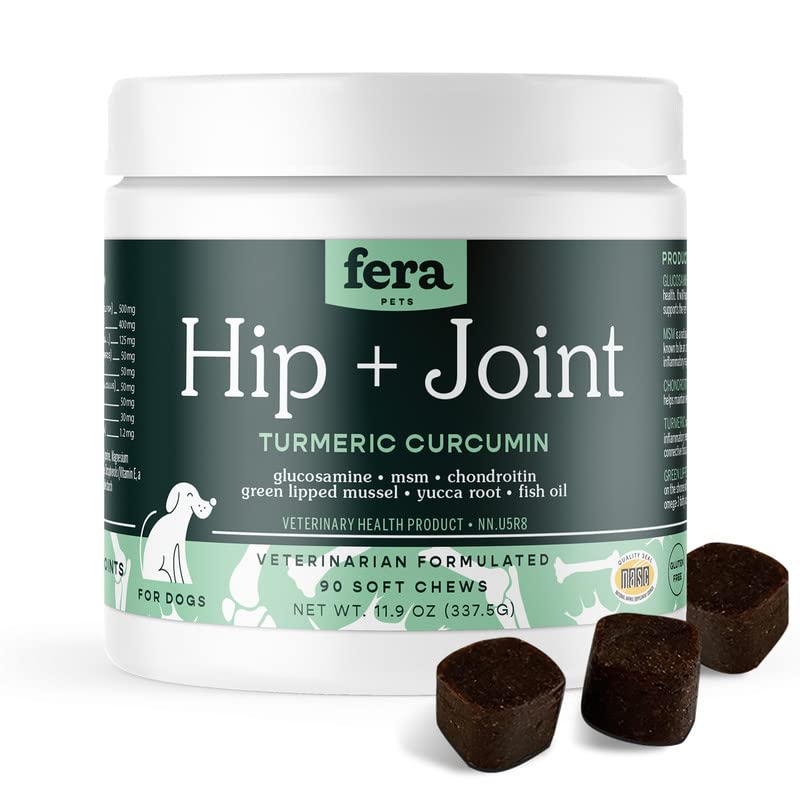 Fera Pets Hip + Joint Dog Supplement, Joint Support for Dogs with Glucosamine Chondroitin and MSM, Joint Care and Health Support Chewy Dog Treats, 90 Soft Chews