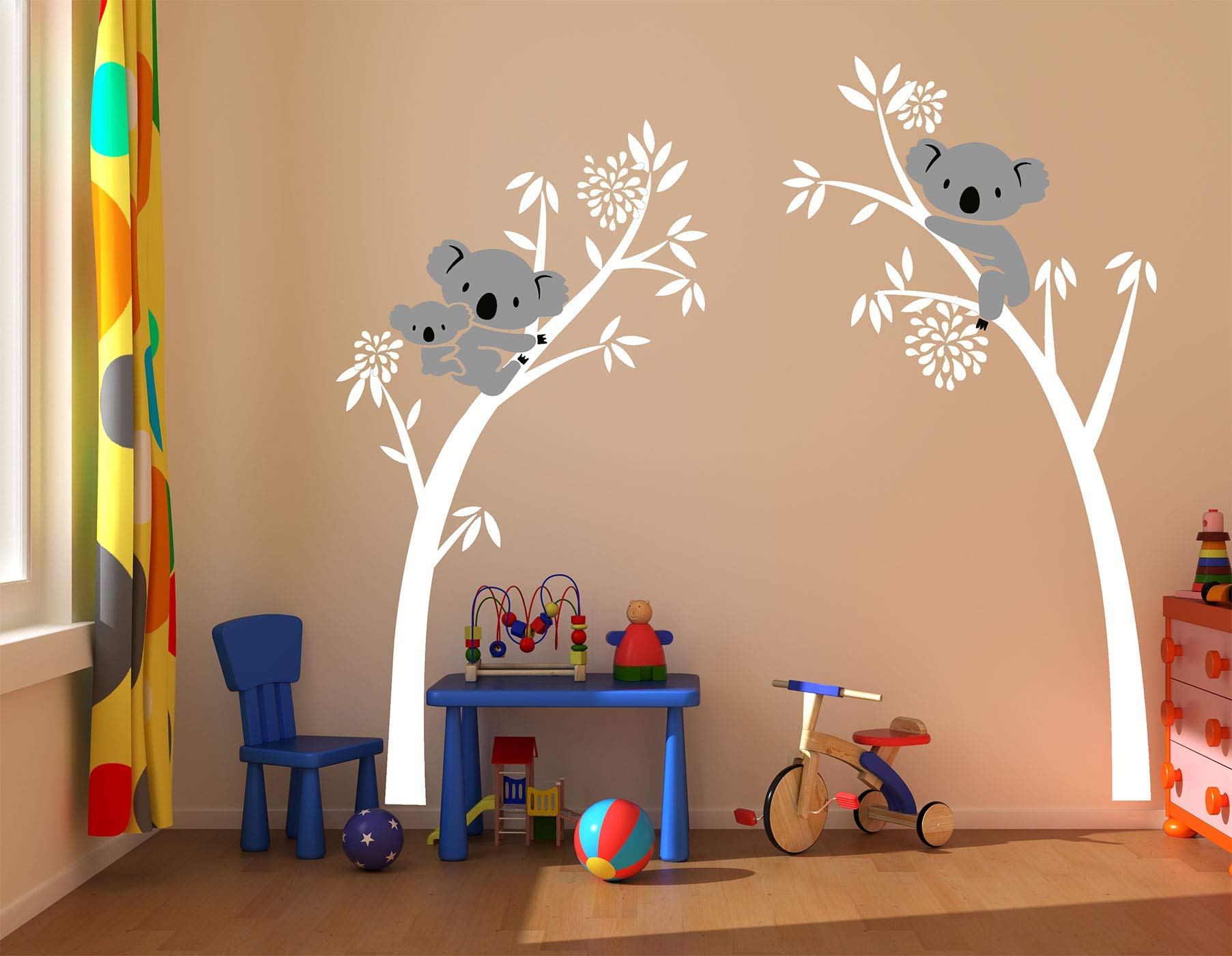 LUCKKYY Three Koalas Tree Branches Wall Decal Wall Sticker Baby Nursery Decor Kids Room Decoration (White)