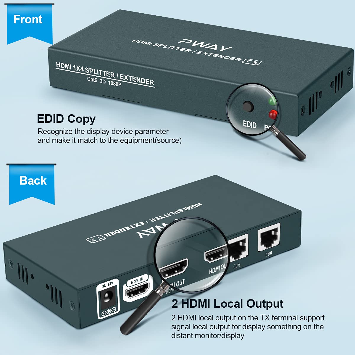 GREATHTEK 1x2 HDMI Extender Splitter 1080P 3D Over Cat5e/Cat6/Cat7 Ethernet Cable with 2 HDMI Loop Out - Up to 50m/165ft - EDID Management & POC Function for HDTV PS3 PS4 Xbox (1 in 2 Out / 2-Port)