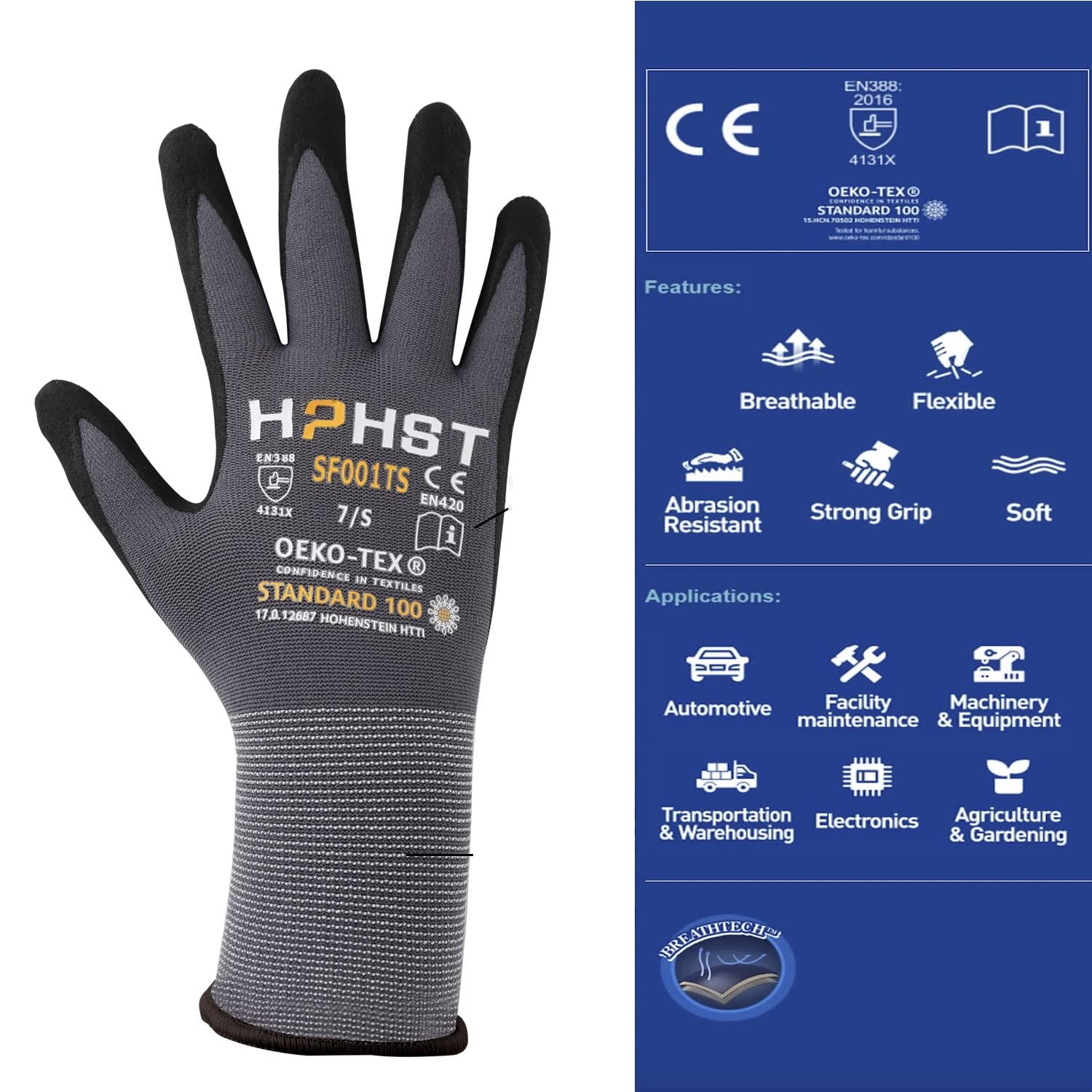 HPHST Safety Work Gloves Micro Foam Nitrile Coated,Seamless Knit Nylon Glove with Black Micro-Foam Nitrile Grip,Ideal for General Purpose,Automotive,Home Improvement,Grey Large 3 Pairs Pack