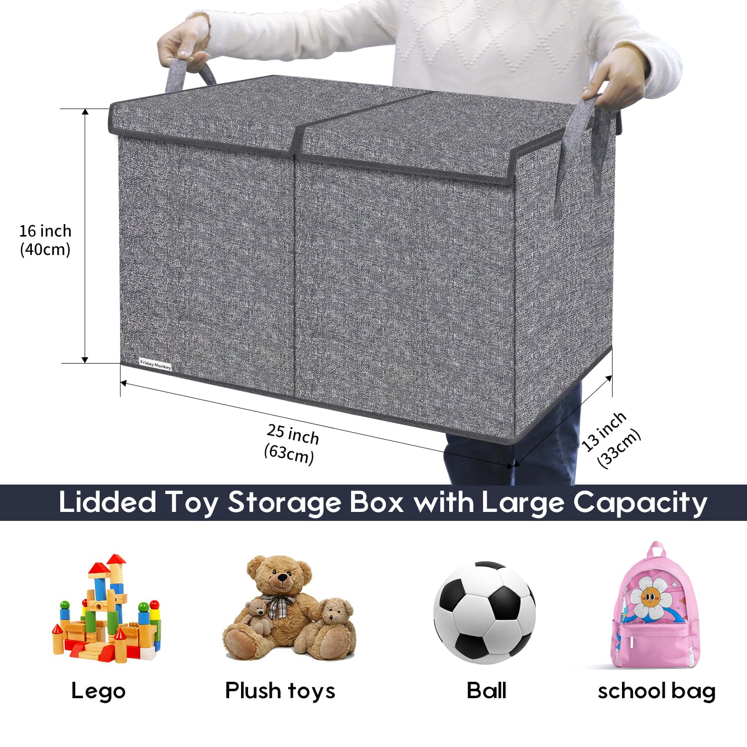 Friday Monkey Sturdy Large Toy Box Chest with Lids & Handles, Foldable Toys Storage Organizer Bin Basket for Boys, Girls, Kids, Playroom, Nursery, Utility Room, 25x13x16 inch, Light Grey, ZMGCWJX