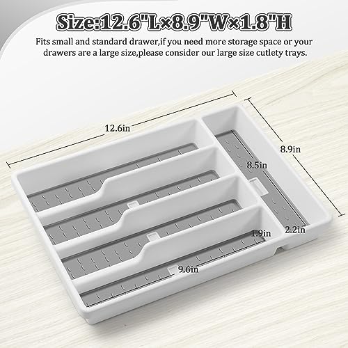 CherHome Silverware Organizer with Cutlery Icons,Silverware Tray for Kitchen Drawer,Plastic Flatware Tableware Silverware Drawer Organizer Utensil Organizer with Non-slip TPR Linings,5-Compartment(Grey)